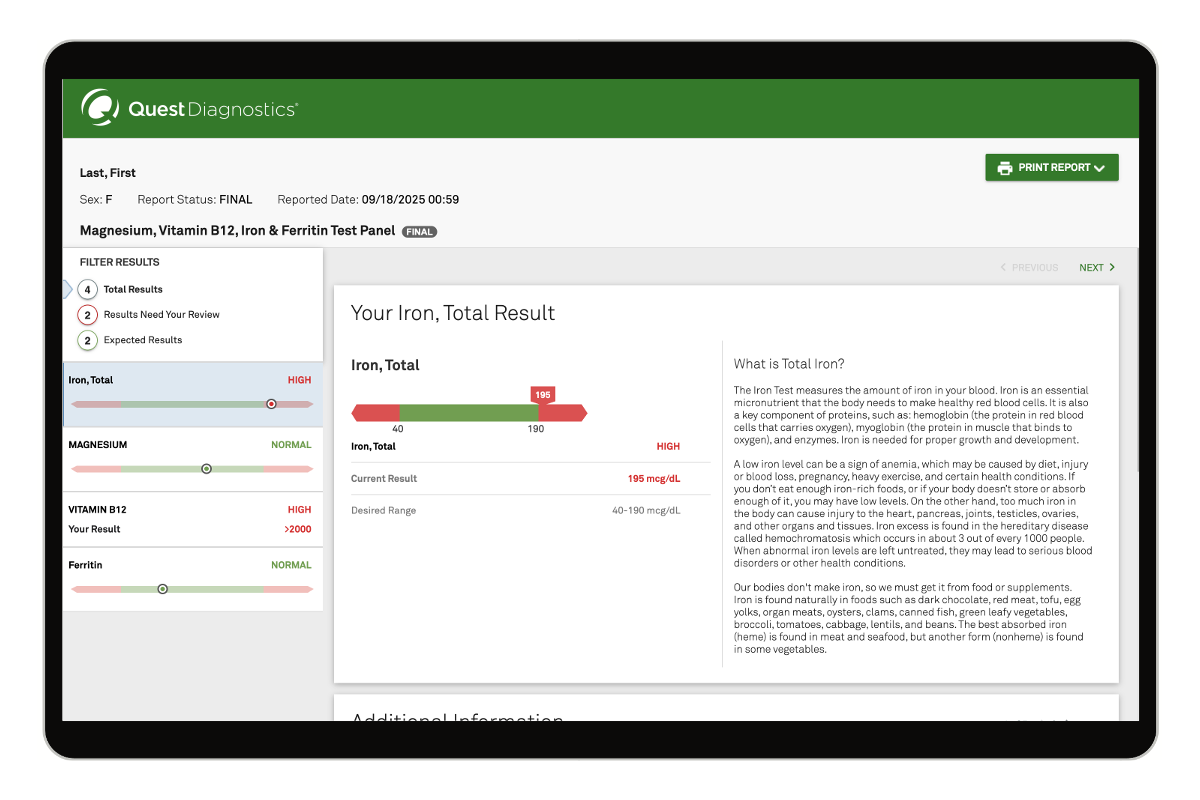 Magnesium, Vitamin B12, Iron & Ferritin Test Panel | Quest®